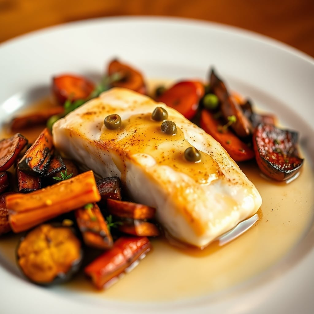 Pan-Seared Halibut with Brown Butter, Capers, and Roasted Root ...