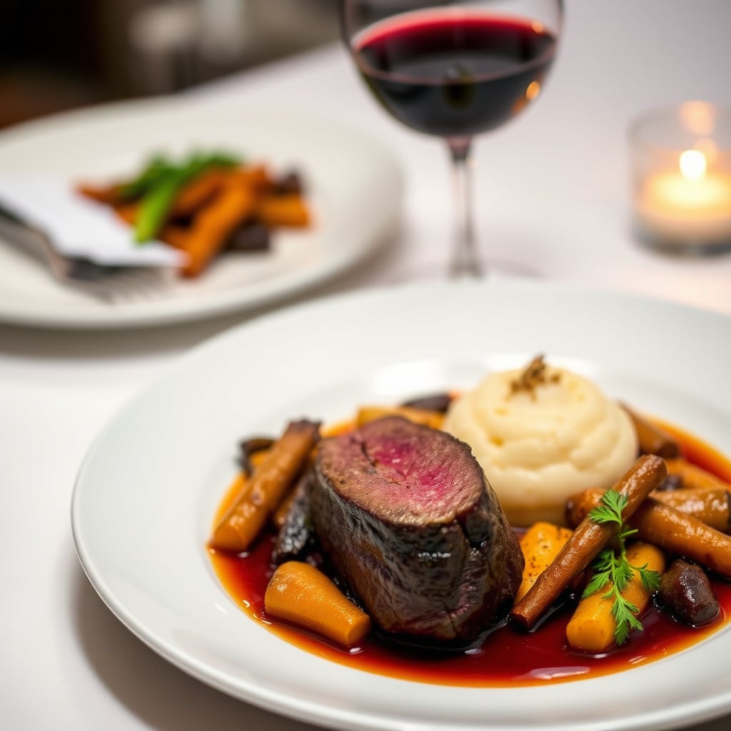 Juniper-Braised Elk Roast with Red Wine Reduction, Roasted Root ...