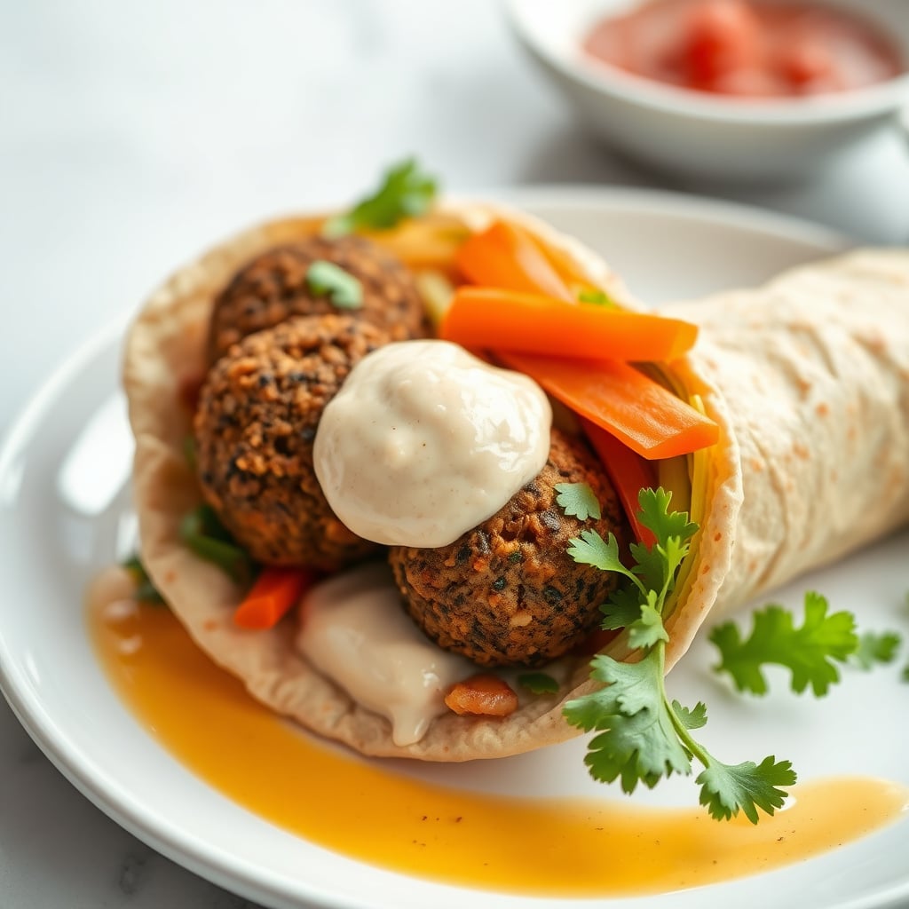 Middle Eastern Falafel and Roasted Vegetable Wrap with Tahini Sauce ...