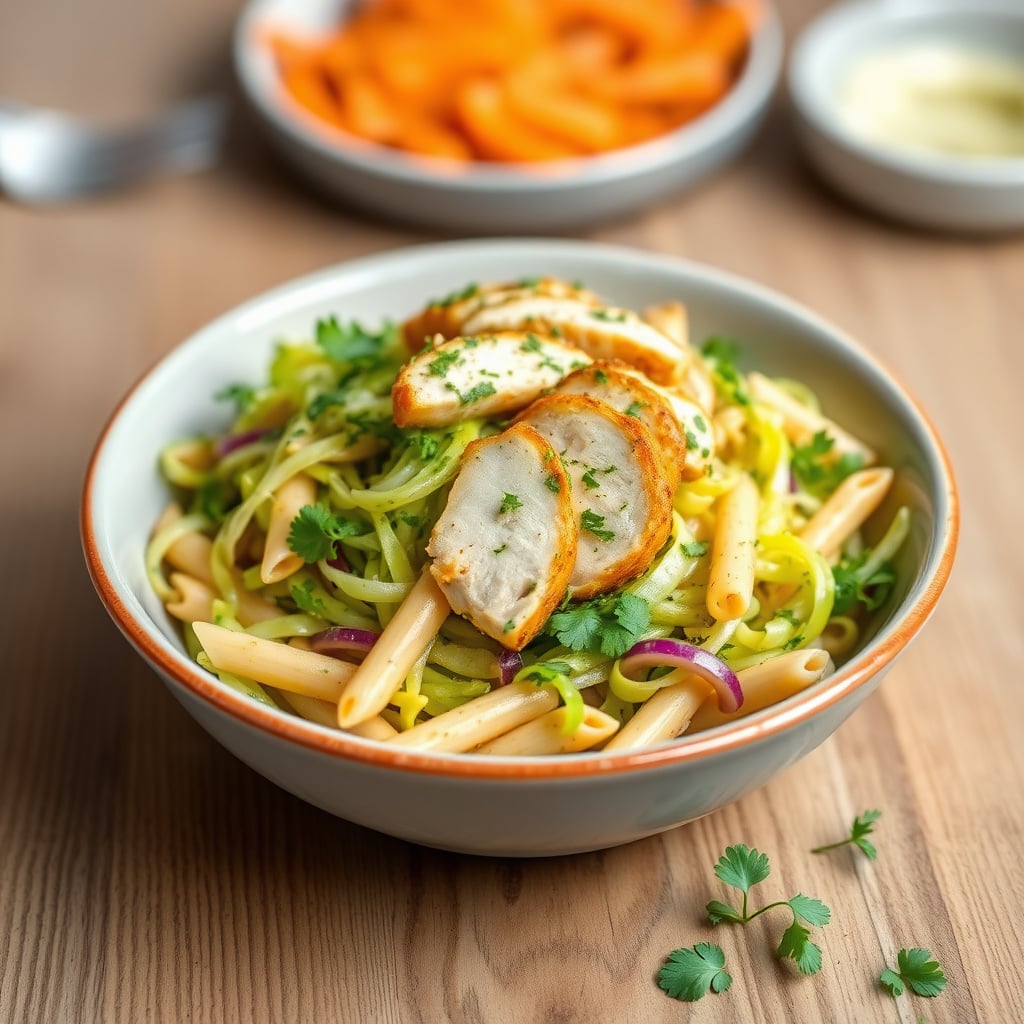 Pesto Chicken Pasta Salad with Shredded Cabbage - OttoChef AI ...