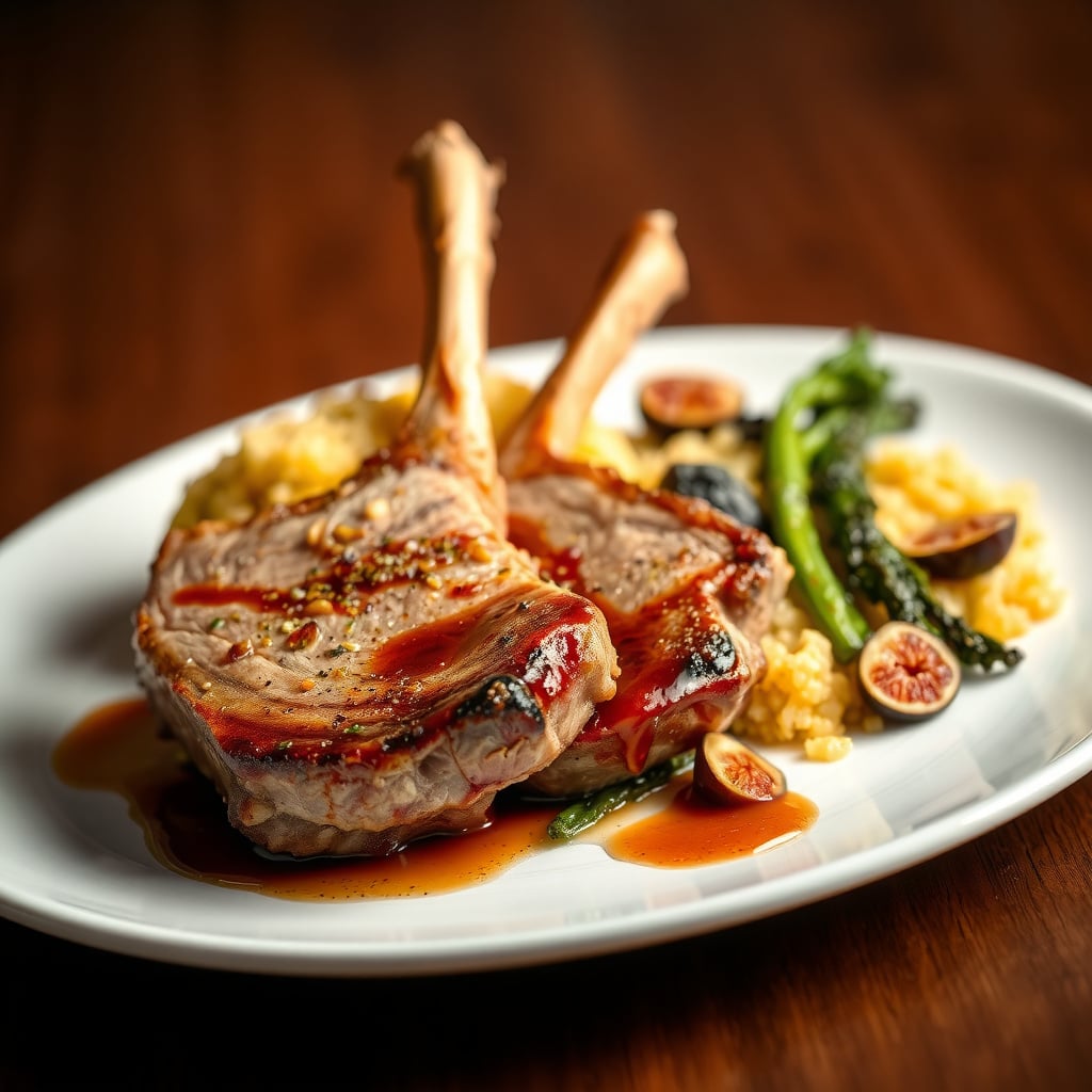 Pan-Roasted Heritage Pork Chops with Fig-Port Reduction, Saffron Quinoa ...