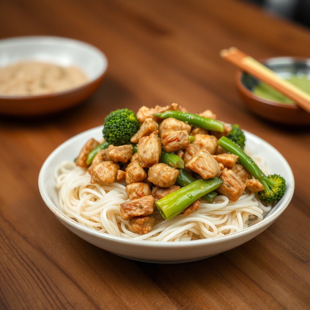Ginger-Garlic Ground Turkey Stir-Fry with Rice Noodles and Sautéed Snap ...